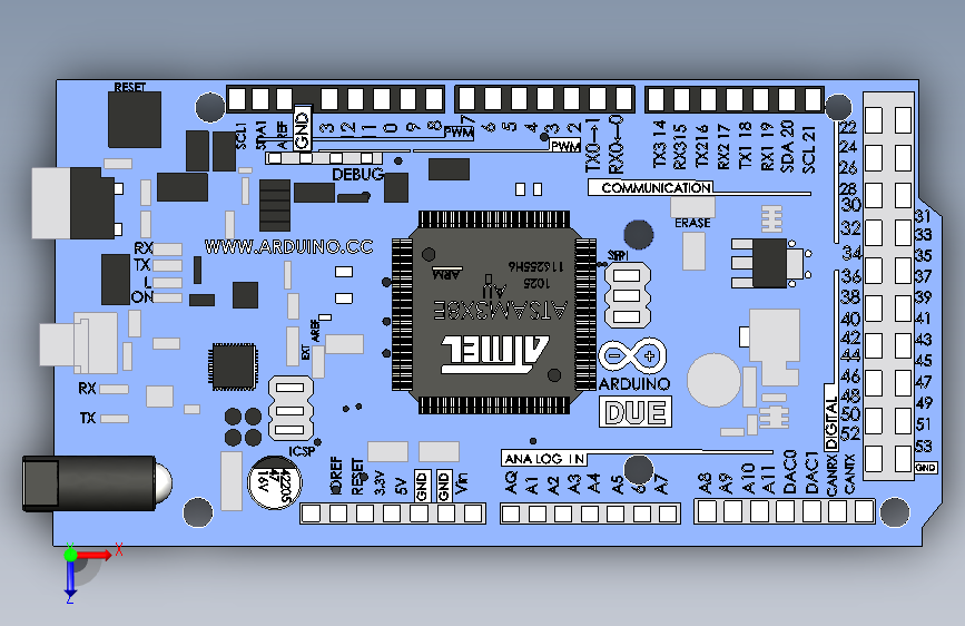 开源物理计算平台Arduino Due运行Atmel SAM3X8E ARM Cortex-M3 CPU_Parasolid_模型图纸下载 – 懒石网